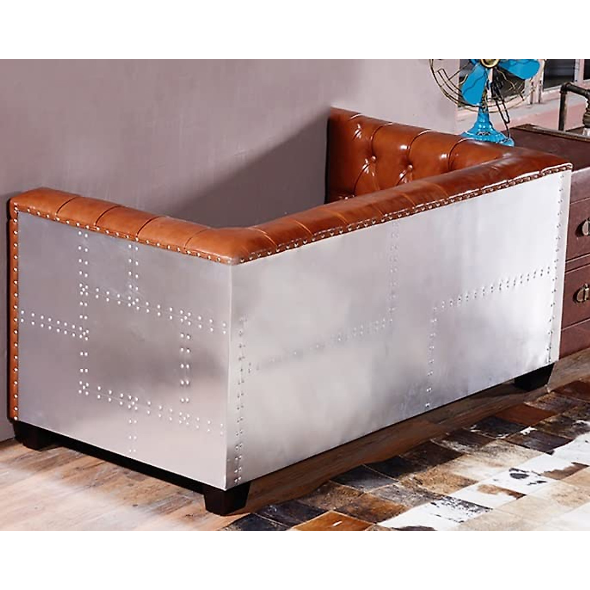 NauticalMart Aluminum Aviator Three Seater Sofa, Real Leather and Aluminum