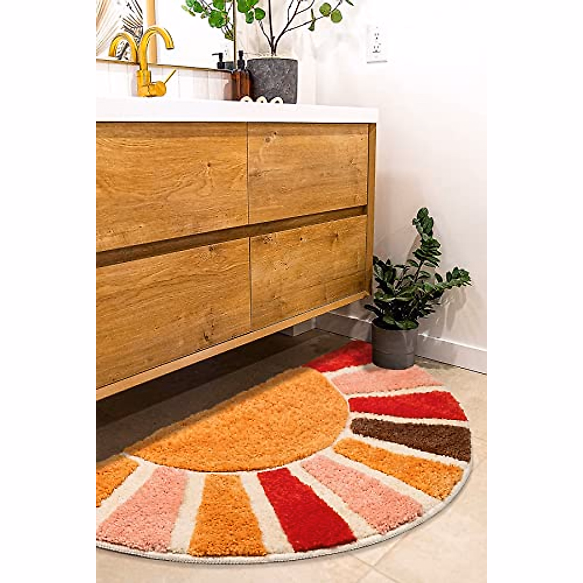 NOTASA Boho Bathroom Rugs Half Circle Bath Mat Cute Bohemian Bath Rug for Bedroom Large Carpet Home Decor Non-Slip Semi Round Shower Rug Funny Washable Indoor Floor Door Mat Sun Retro 20x37inch