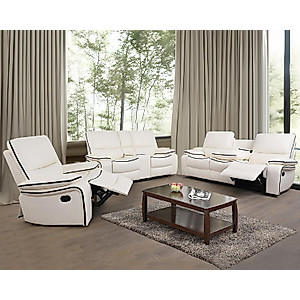 GEBADOL Manual Recliner Sofa Set, Bonded Leather Sofa with Reclining Seaters, Reclining Couch Set with Storage Console and Cup Holders for Living Room/Bedroom/Office/Apartment, Creamy-White
