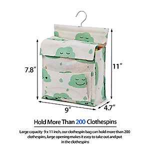 KOOZTI Laundry Clothespin Bag for Clothesline Outdoor, Waterproof Clothespin Bag with Lid, Large Opening, Large-Capacity Clothespin Storage Organizer with Hooks(Green)