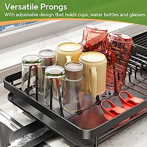 Dish Drying Rack, Auto-Drain Expandable(19.1"-26.9") Kitchen Counter Dish Drainers Rack, Stainless Steel Large Strainers Drying Rack with Drainboard Pan Holder Utensil Holder Caddy Organizer, Black