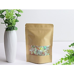 PQZKLDP 100pcs Assorted-Size Kraft Paper Bags with Matte Windows Reusable Smell Stand Up Pouches Bakery BagsFood Candy Coffee Tea Spice Sample Storage Sealable Bags for Small Business Packaging