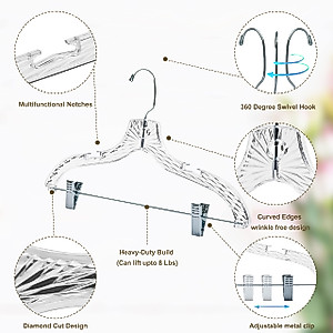 Clear Plastic Hangers for Pants 24 Pack - Skirt Hangers with Crystal Cut Design - All in One Curved Shoulder Clothes Hangers with Clips - Perfect Clothing Hangers for Everyday Use (24, 17" inch)