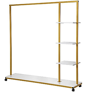 VEVOR Clothing Garment Rack, 59.1"x14.2"x63.0", Heavy-duty Clothes Rack w/ Bottom Shelf & Extra 3 Side Shelves, 4 Swivel Casters, Rolling Clothes Organizer for Laundry Room Retail Store Boutique, Gold