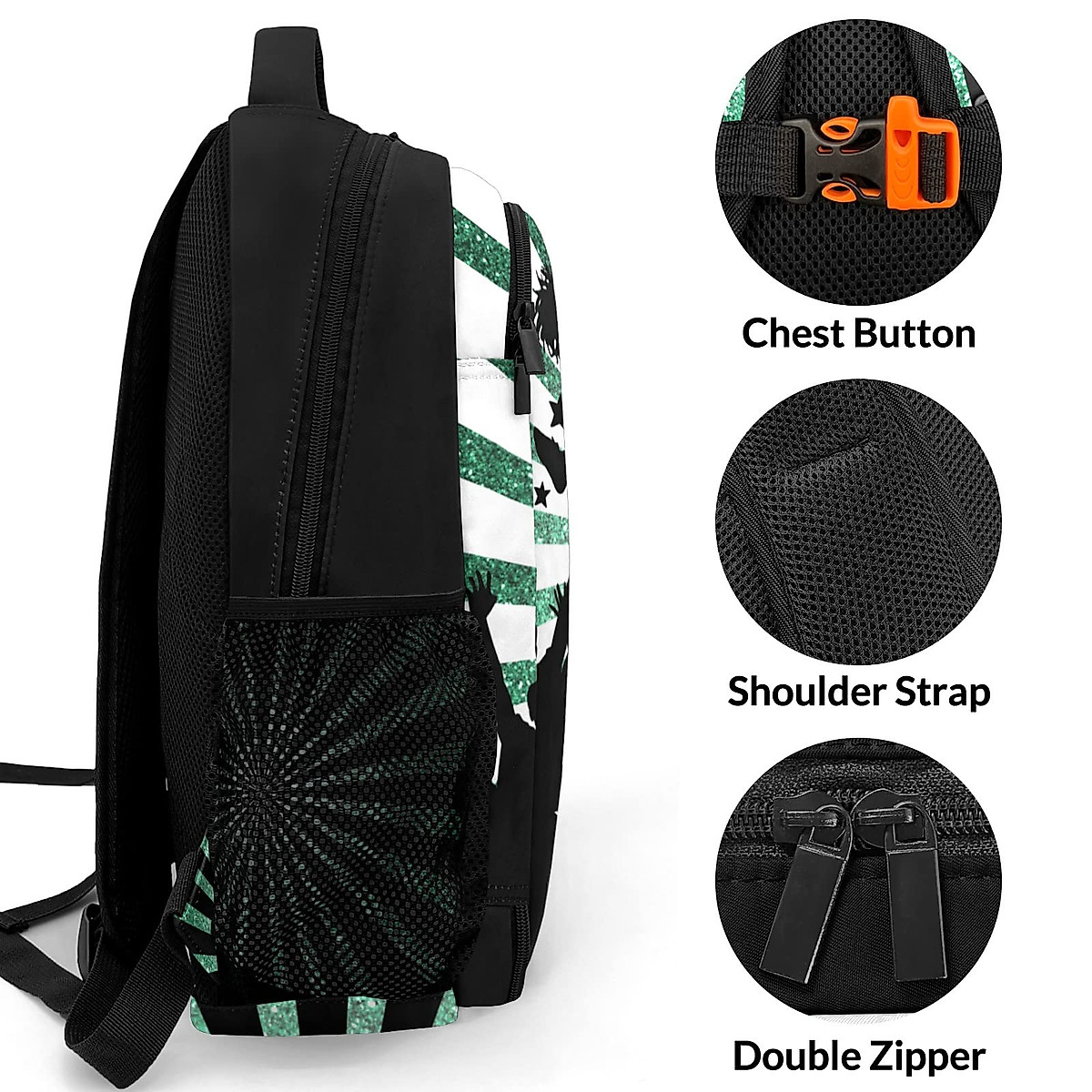 Anneunique Custom Cheerleaders Backpack Custom Multifunctional Waterproof Laptop Bag for Travel Gift Green Bling Sparkly Print Cheer Black
