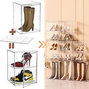 Attelite XX-Large Clear Stackable Plastic Storage Bins, 1 Pack Boot Shoe Box Organizers with an Adjustable Divider, Big Display Storage Box with Lids