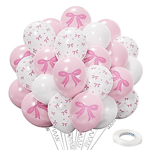 60Pcs Pink Latex Bow Balloons Set, 12" Pastel Pink White Bow Latex Balloon for Birthday Party Bachelorette Decorations Bridal Engagement Wedding Bow Theme Coquette Supplies (Pink white)