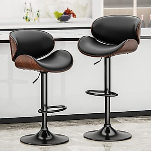 Aowos Adjustable Swivel Bar Stools Set of 2, Mid-Century Modern PU Leather Upholstered Counter Height Bar Stool, Kitchen Island Barstoosl with Back, Black