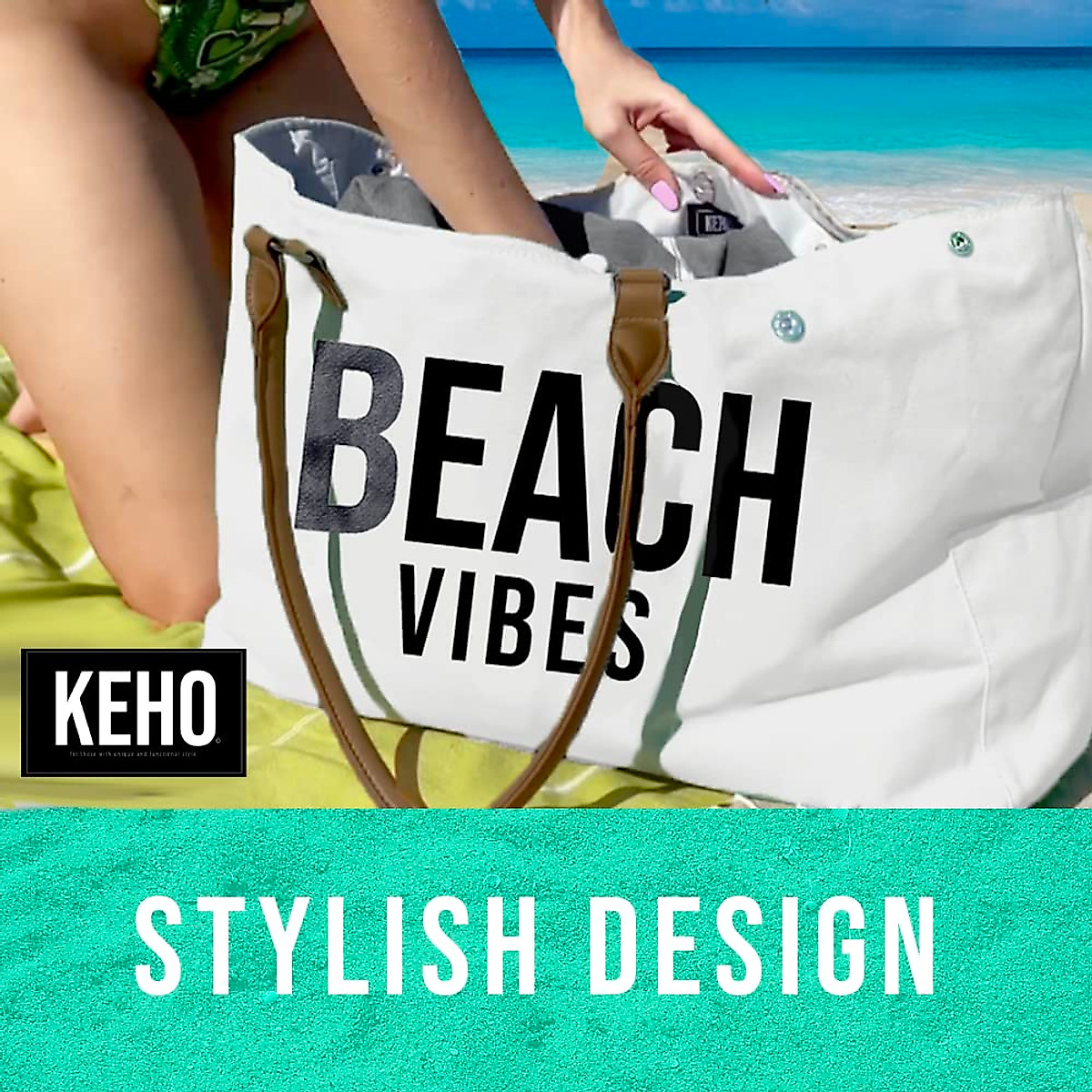 Keho Waterproof Canvas Beach Bag with Pockets For Women (Sandproof) - Navy …