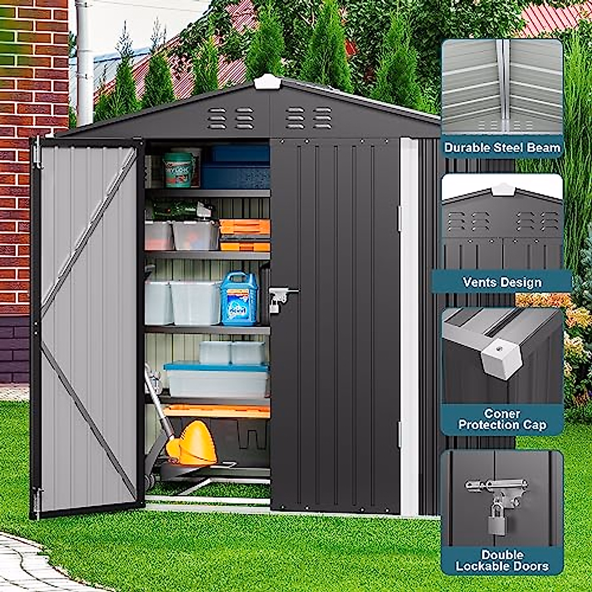 Gizoon Outdoor Storage Shed 6 x 4 FT with Metal Base Frame, Galvanized Metal Garden Shed with Double Lockable Doors, Weather-Resistant Outdoor Storage Clearance for Backyard Patio Lawn-Dark Gray