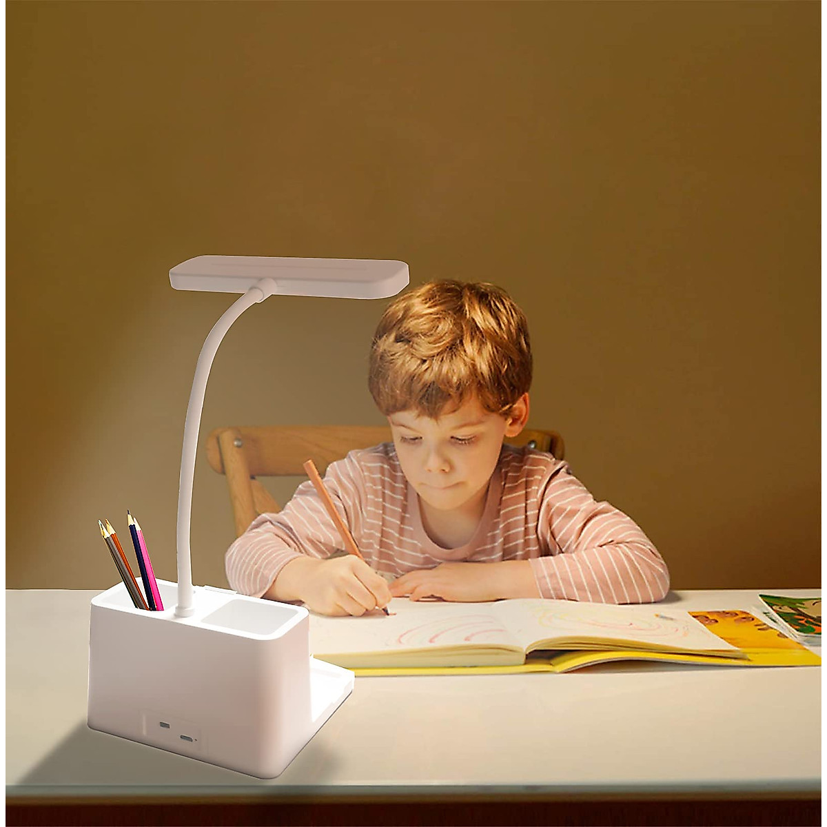 LED Desk Lamp with Pen & Phone holder, USB Rechargeable Book Reading Light,Eye-Caring Study Lamp for Kids, Touch Table Lamp with Flexible Gooseneck for Home,Office,3 Color Modes & Stepless Dimming