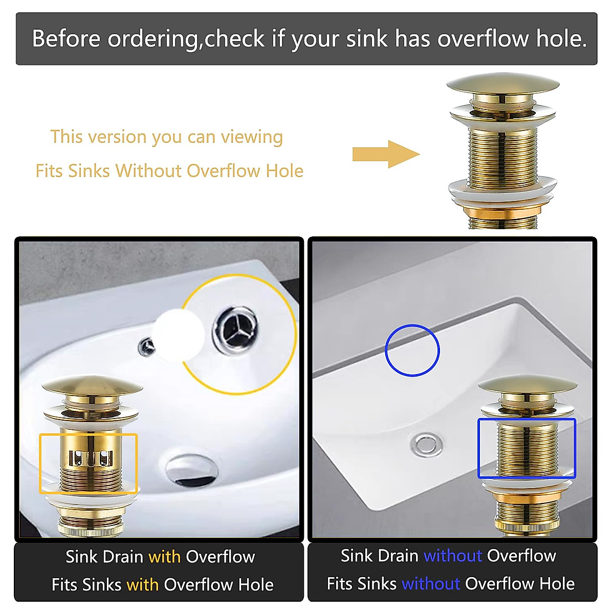 SWHYGER Bathroom Sink Pop Up Drain Without Overflow,Brass Pop Up Sink Drain Assembly Brushed Gold,83606BG.