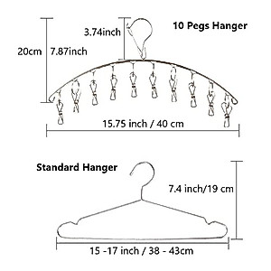 WudTus Clothes Hanger with 10 Clips, Stainless Steel, Windproof, for Drying Socks, Bras, Underwears, Baby Clothes, Hats, Scarfs, Towels, Pants and Gloves (4 Pack)