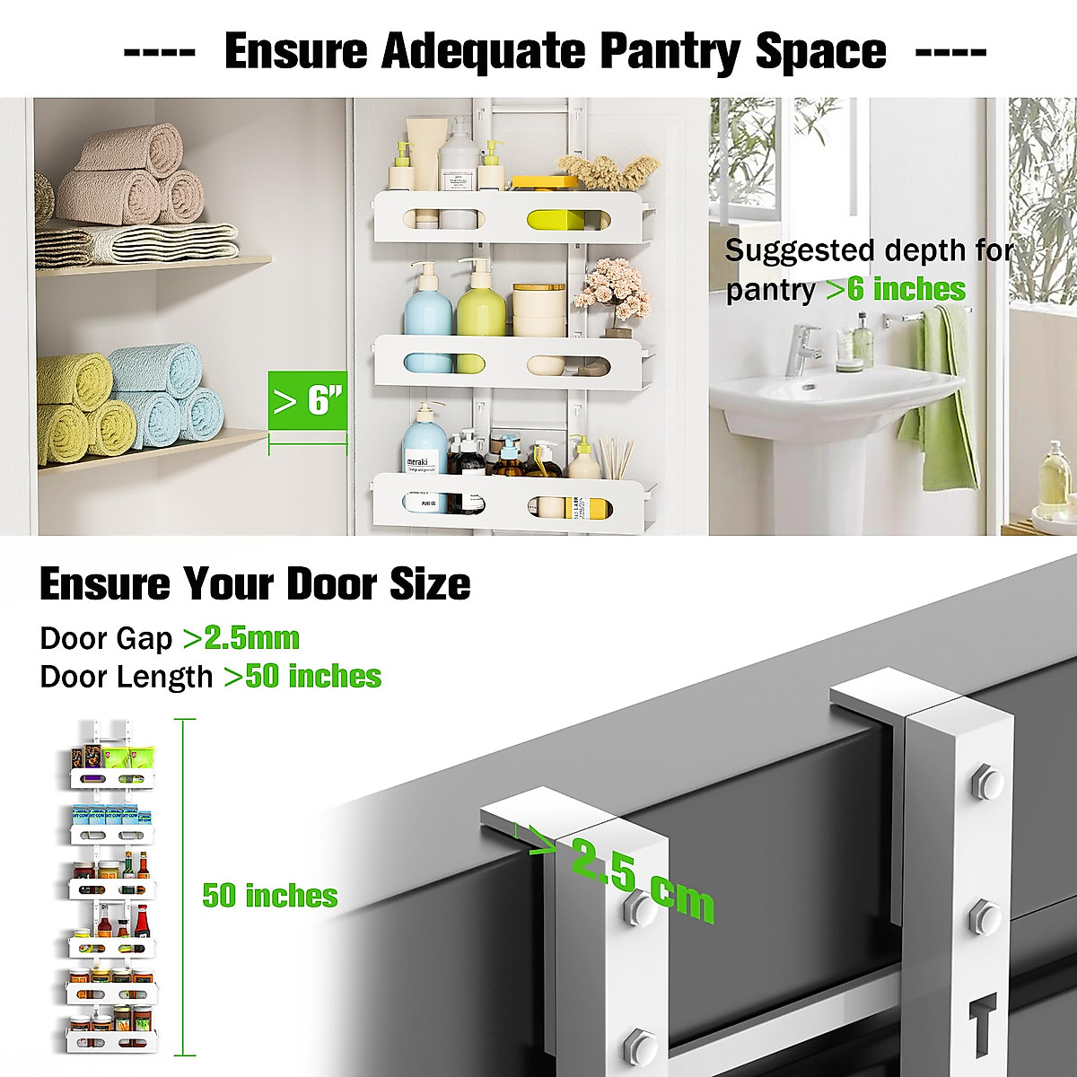 GONAT 6 Tier Shower Caddy Organizer, Over the Door Storage Hanger,Shower Shelves Rack with Door Hook, Bathroom Storage Hanger and Organizer, Cabinet Spice Storage Hanger (6 * 6' Wide Bakets, White)