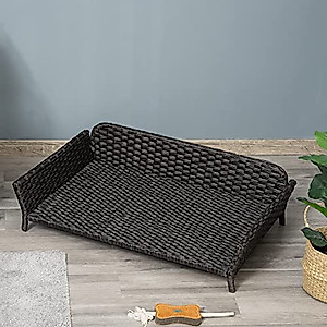 PawHut Elevated Rattan Dog Bed with Steel Frame, Handwoven Wicker Pet Bed with Water Resistant Cushion, Dog Bed Outdoor for Large Medium Dog, Charcoal Grey