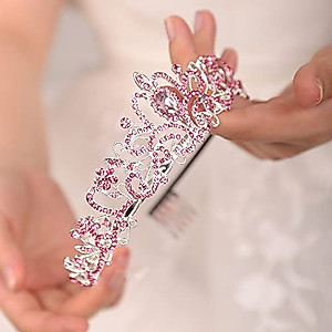 JWICOS Pink Crystal Tiara and Crown for Women and Girls Rhinestone Princess Crown with Comb for Birthday Pageant Prom Bridal Wedding Prom Birthday Tiara Accessories (Pink Rhinestone)