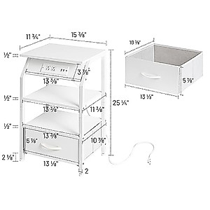 Labcosi White Nightstands with Fabric Drawer, 25" Tall Bedside Table with Charging Station, Bedroom End Tables and Dresser, 2 Pack