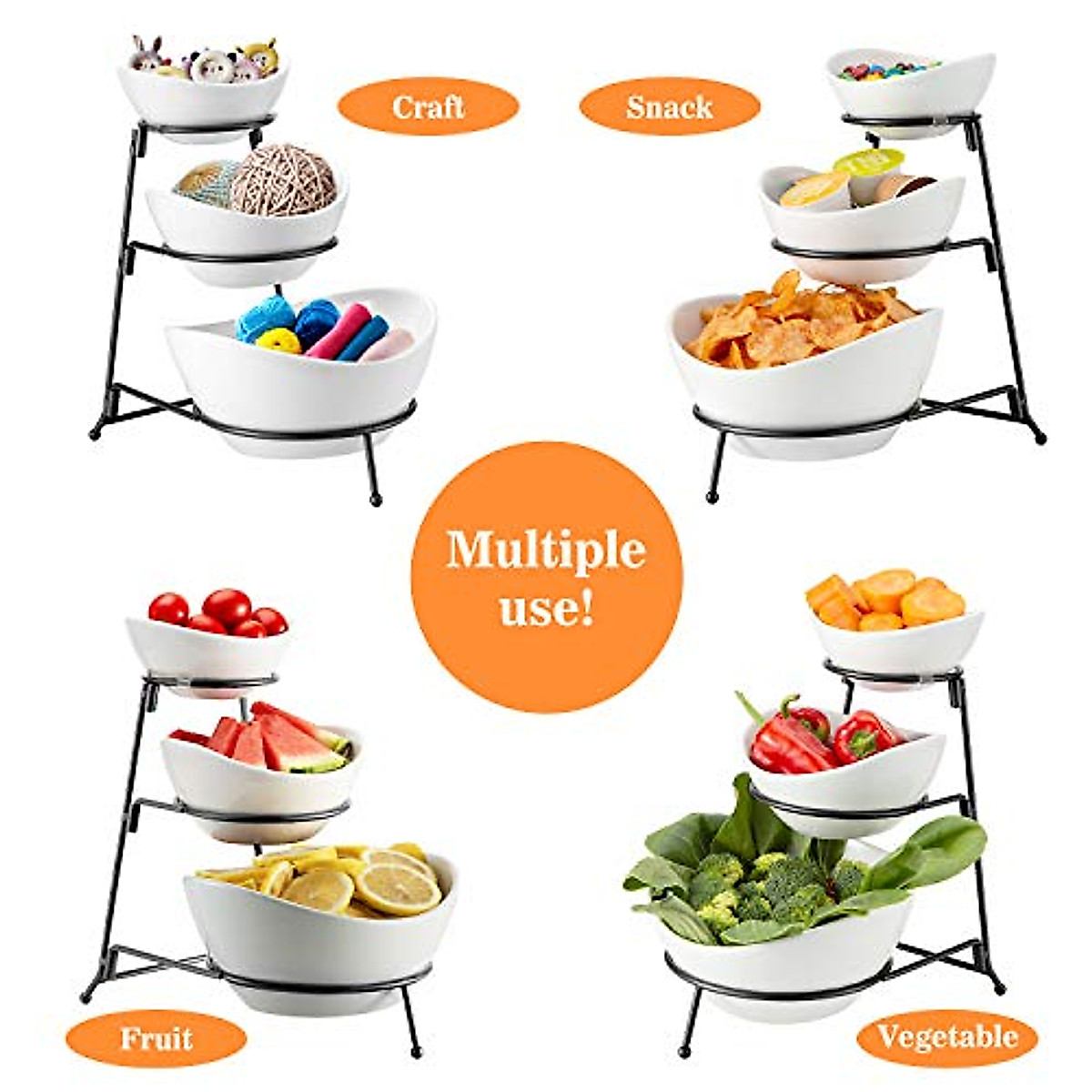 HBlife 3 Tier Oval Bowl Set with Metal Rack, Ceramic Fruit Bowl Serving, Tiered Serving Stand for Dessert Appetizer Cake Candy Chip Dip (Black)