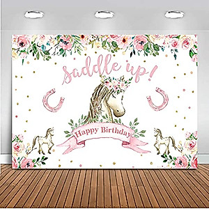 Avezano Horse Birthday Backdrop 7x5ft Pony Girl Birthday Party Background Pink Floral Happy Birthday Decorations Cowgirl Birthday Dessert Table Banner