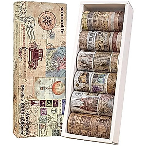 24 Rolls Vintage Washi Tape Set, Antique Car Buildings Map Stamp Stripe Writable Aesthetic Washy Decorative Tapes for Scrapbooking, Junk Journal supplies, Bullet Journaling 5-75mm Wide (3m long)/Roll