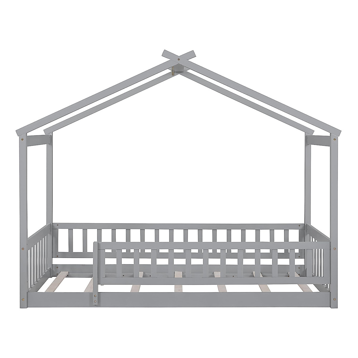 MERITLINE Twin House Bed for Kids Twin Montessori Floor Bed Frame with Rails and Roof, No Box Spring Needed, for Kids Teens Girls Boys (Twin Size, Gray)