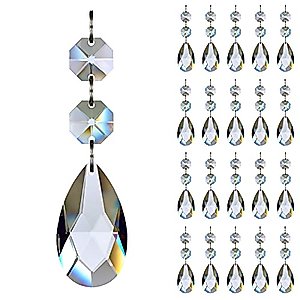GOLDENHAITAI 20pcs 28mm Teardrop Chandelier Crystals, Clear Crystal Chandelier Prisms Pendants Parts Connected Glass Octagon Beads Hanging Garland Decoration
