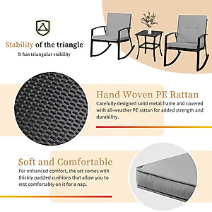 Walsunny 3 Pieces Patio Set Outdoor Wicker Patio Furniture Sets Modern Rocking Bistro Set Rattan Chair Conversation Sets with Coffee Table (Grey)