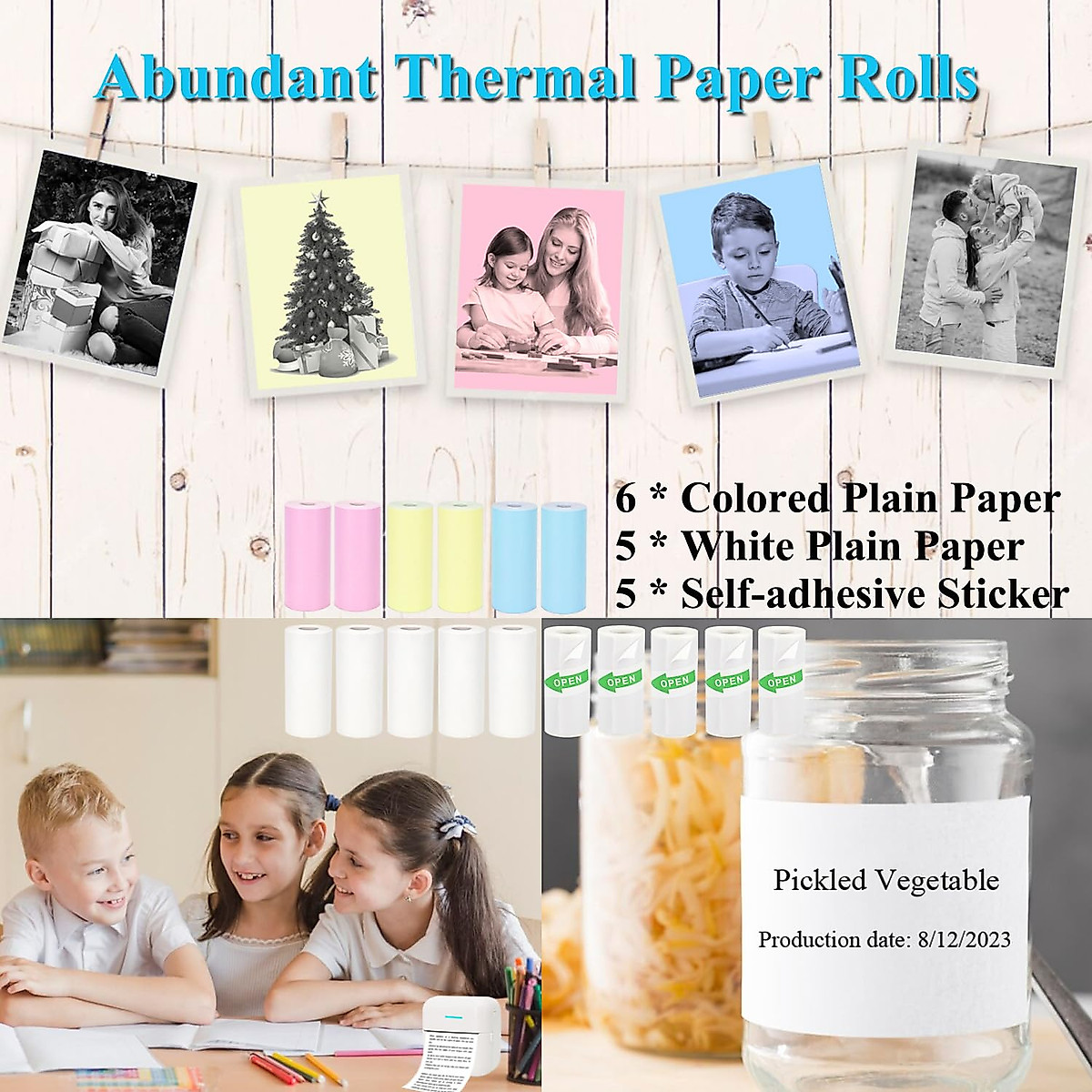 Vicbear 16 Rolls Mini Printer Paper, Including 5 Thermal Sticker Paper Rolls, 6 Colored, and 5 White Plain Paper Rolls for Mini Thermal Printer, 57x25 mm, Compatible with Most Mini Receipt Printers