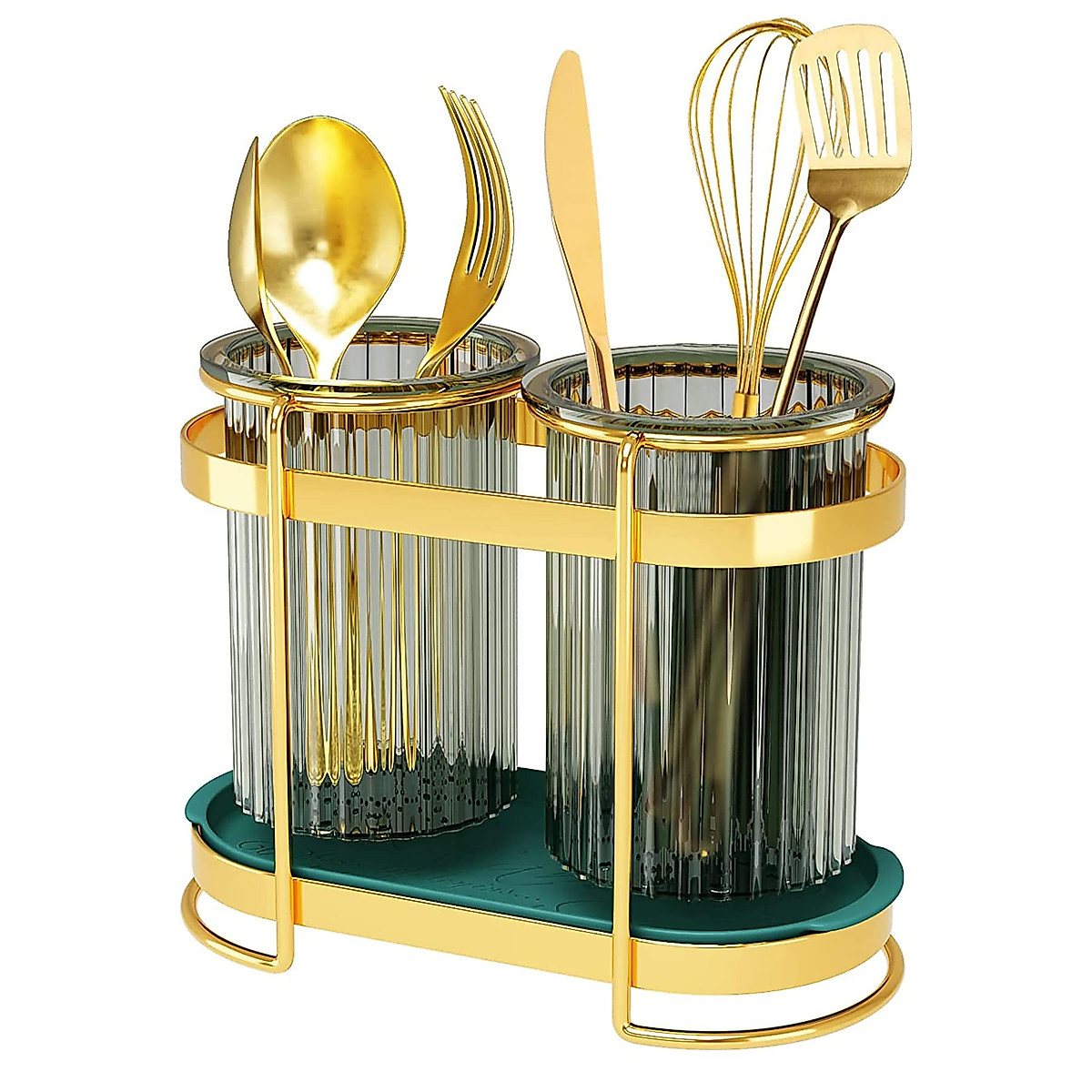 Zarnicy Kitchen Utensil Holder for Countertop - Cooking Utensils Silverware Caddy Organizer, Flatware Storage Cutlery Crock, Upgraded 2-Cups Drying Utensil Container With Drain Tray