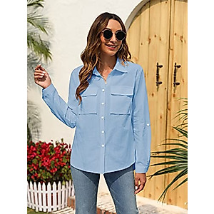 Runcati Womens Button Down Shirt Cotton Linen Long Sleeve V Neck Dress Shirts Casual Loose Roll Up Work Blouse Tops with Pockets Sky Blue