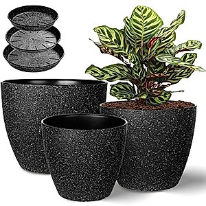 Vanavazon Plant Pots 9/8/7 Inch Set of 3 Flower Pots Indoor Outdoor Plastic Planters with Drainage Hole and Tray (Speckled Black)