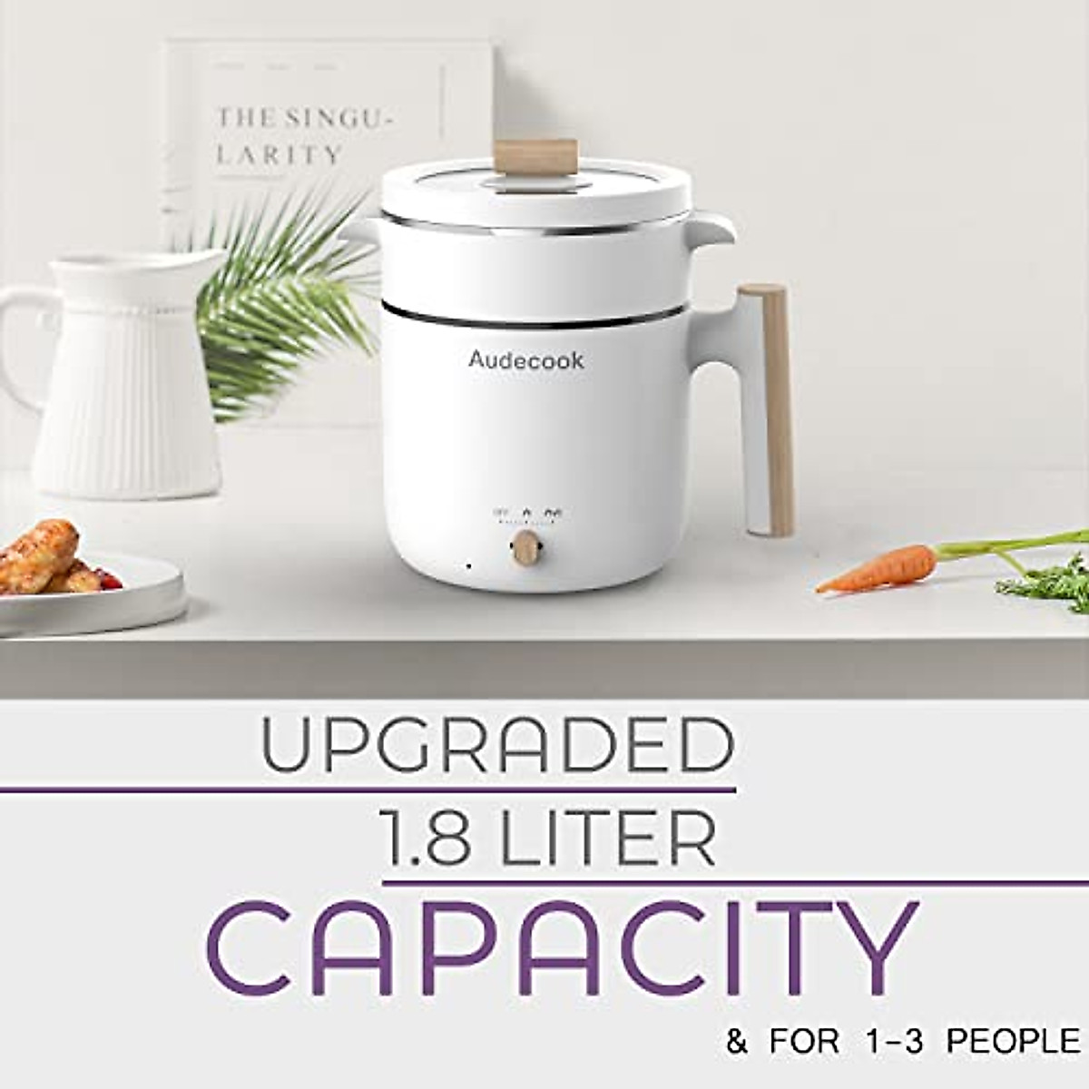 Audecook Electric Hot Pot with Steamer, 1.8L Portable Mini Travel Cooker, Multifunctional Non-Stick Electric Skillet for Stir Fry/Stew/Steam, Perfect for Ramen Noodles/Pasta/Egg/Soup/Oatmeal