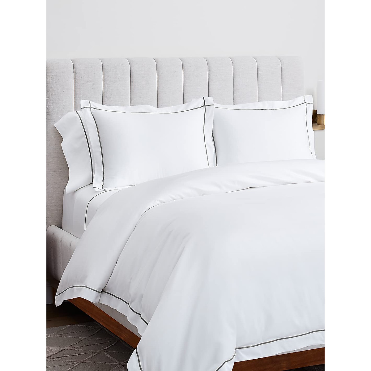 BOLL & BRANCH Signature Embroidered Duvet Set - King/Cal King, White/Stone - Luxury 100% Organic Cotton - 1 Duvet Cover, 2 Shams - Hidden Closures