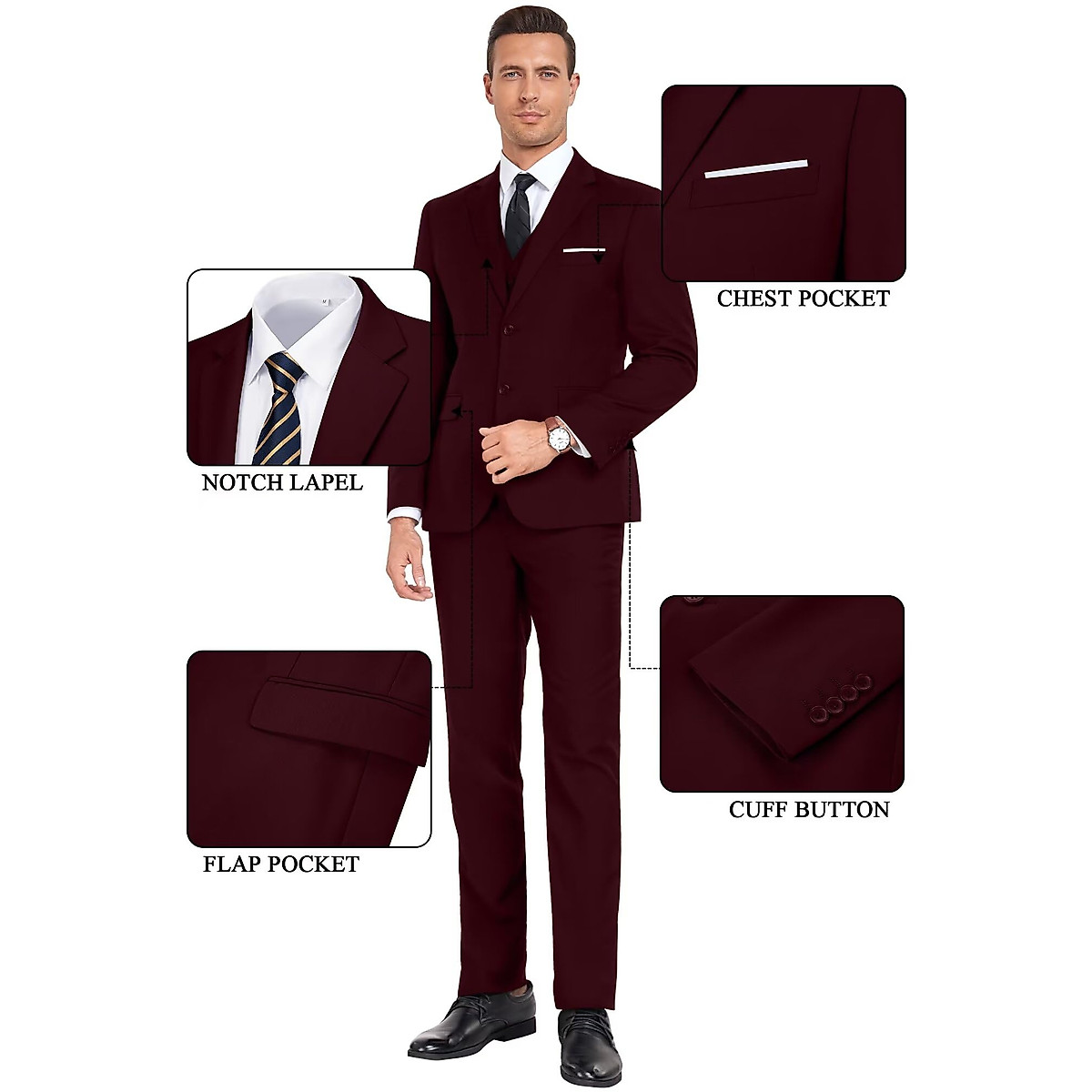 Mrkotyin Men Suits 3 Piece Suit Set Slim Fit, Dress Suits Set with 2 Button Tux Blazer Jacket Vest Pants for Party Wedding Business Burgundy-XXL