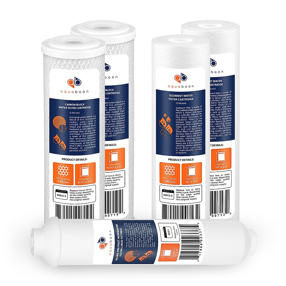 Aquaboon 1 Year RO Units Replacement Filter Kit 5 PACK Carbon, Sediment, Inline, 5 Micron 10 x 2.5 inch Cartridges, Compatible with DWC30001, WFPFC8002, FXWTC, WHEF-WHWC, WHKF-WHWC, DGD series