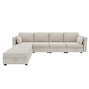 kevinplus 110" Modular Sectional Sofa Couch for Living Room, Modern Contemporary 4-Seat U-Shape Sofa Couch with Storage Seat & Reversible Ottoman for Apartment Office, Linen Fabric, Beige