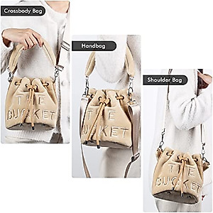 JQAliMOVV Mini Bucket Bag for Women, Purses Soft Plush Crossbody Drawstring Handbags, Hobo Bag (Khaki)