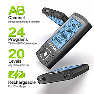 AUVON Dual Channel TENS EMS Unit 24 Modes Muscle Stimulator for Pain Relief, Rechargeable TENS Machine Massager with 12 Pads, ABS Pads Holder, USB Cable and Dust-Proof Storage Bag