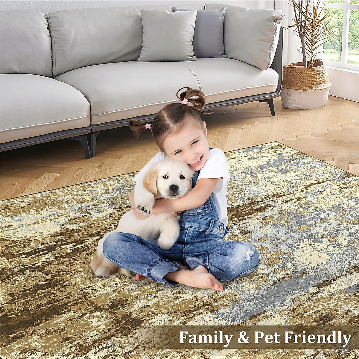 CAROMIO Bedroom Rug 4x6 Washable Indoor Non-Slip Floor Carpet Modern Abstract Rug Low-Pile Stain Resistant Contemporary Rug for Living Room Bedroom Kitchen, Khaki