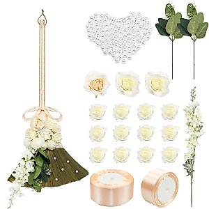 Bride and Groom Wedding Broom Jumping Ceremony,DIY Wedding Broom,Wedding Decoration Jumping Broom with Ribbon Artificial Pearls Rose Delphinium Leaves Eucalyptus,Wedding Decoration Crafts