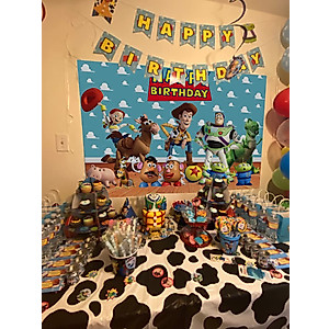 Cartoon Birthday Photography Backdrop Blue Sky White Clouds Birthday Cake Table Decoration Backdrop Kids Cartoon Story Theme Party Backdrop Baby Shower Decoration Supplies 5x3ft, Multicolor, 1.5X0.9M