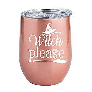 JENVIO Witchy Gifts - Rose Gold Stainless Steel Wine Tumbler/Mug with Lid and Straw - Witch Room Decor for Witchcraft Women Wicca Gothic Brew Village Glass Cup Please Broomstick Valentine's Day