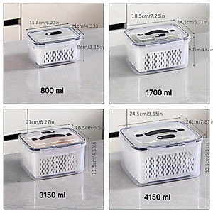 HOMEEE 4 Pack Large Airtight Fridge Food Organizer Containers, Fruit and Vegetable Storage Containers with lids, Portable Outdoor Picnics Food Storage with Removable Colanders(4.15L+3.15L+1.7L+0.8L)