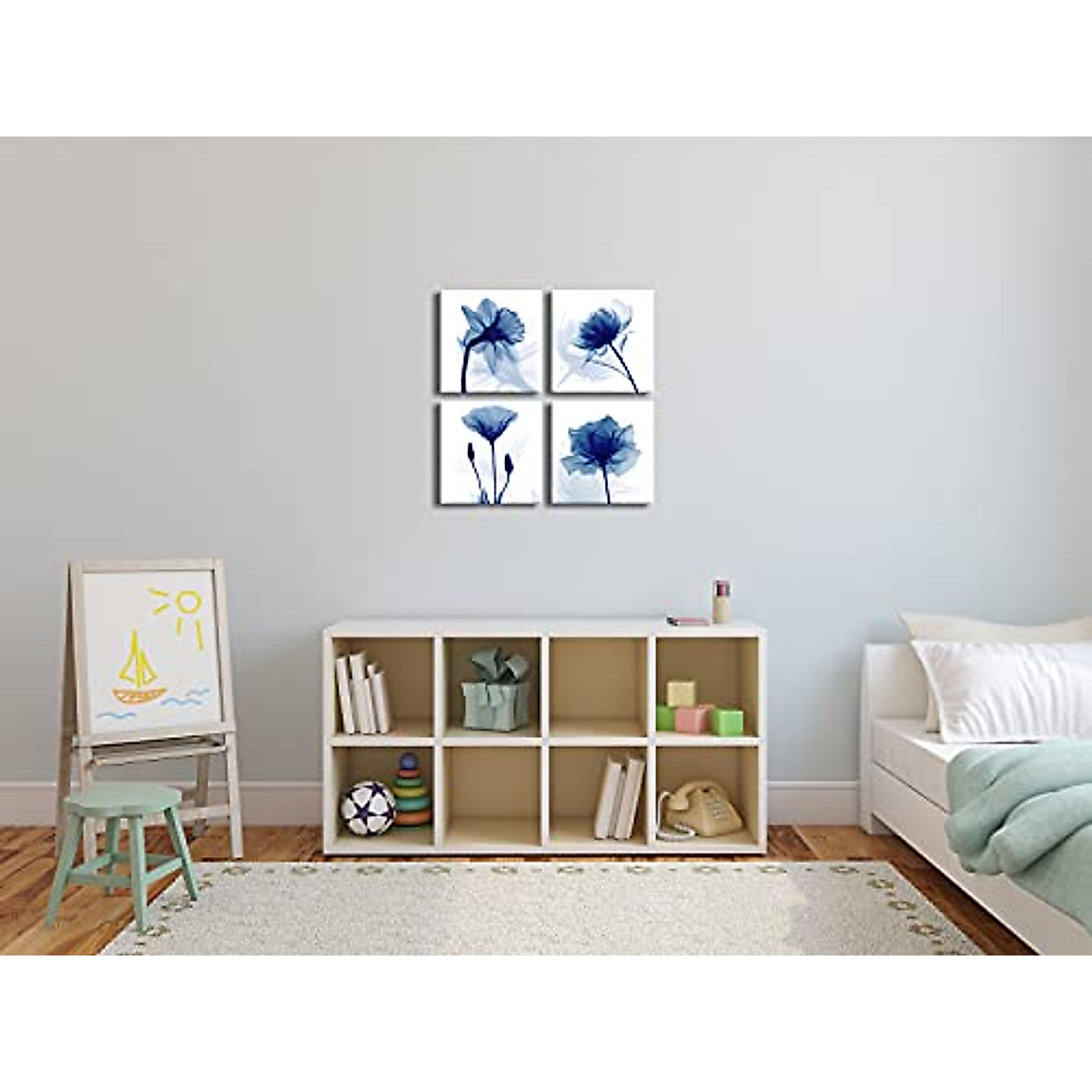 Pyradecor Blue Flickering Flower Modern Abstract Paintings Canvas Wall Art Gallery Wrapped Grace Floral Pictures on Canvas Prints 4 Panels Artwork for Living Room Bedroom Office Home Decorations