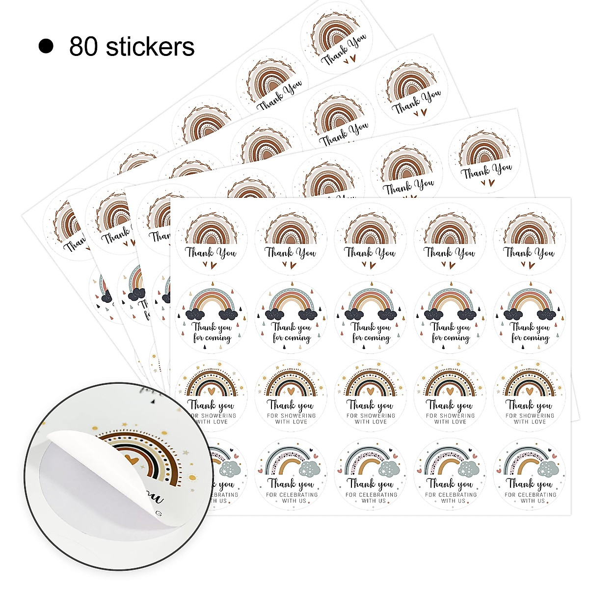 80 Baby Shower Thank You Stickers, Rainbow Birthday Party Favor Labels, Rainbow Themed Bridal Shower Wedding Favor Decorations