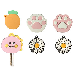 CheeseandU 6Pack Cute Daisy Flower Carrot Silicone Key Cover PVC Rubber Lovely Cat Paw Pink Dinosaur Key Cap Keychain Key Holder Key Ring Women Bag Phone Charm Accessory Friends Kids Gift