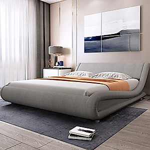 Allewie Queen Size Bed Frame with Curved Adjustable Headboard, 100% Fabric Upholstered Platform Bed, Strong Wooden Slats Support, 10-12'' Mattress Recommended, Grey