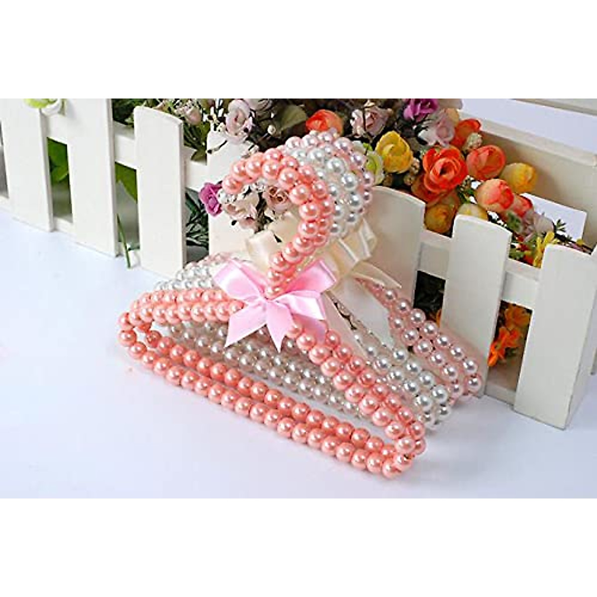 5 Pack Mini Pearl Baby Pets Small Clothes Hangers, Lovely Faux Pearl Beaded Elegant Garment Clothes Hangers with Ribbon Bowknot for Pet Dog Cat Baby Kids Children (White)