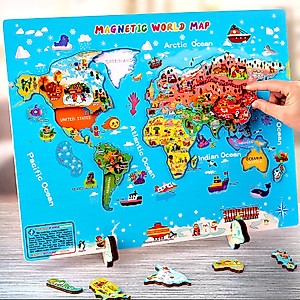 ExBePe Genuine Magnetic Wooden World Map Puzzle,92 Country Flash Cards,National Flags Introduction,Preschool Learning Education Geography Toy for Kid Ages 3+