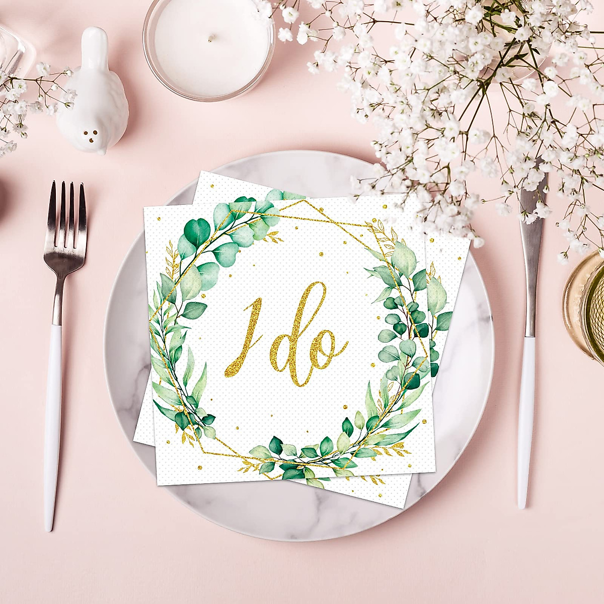 100PCS Sage Green Napkins for Bridal Shower Eucalyptus I Do Wedding Napkins Green Gold Foil Decorative Papers for Bridal Shower Engagement Party Dessert Beverage Table Party Supplies